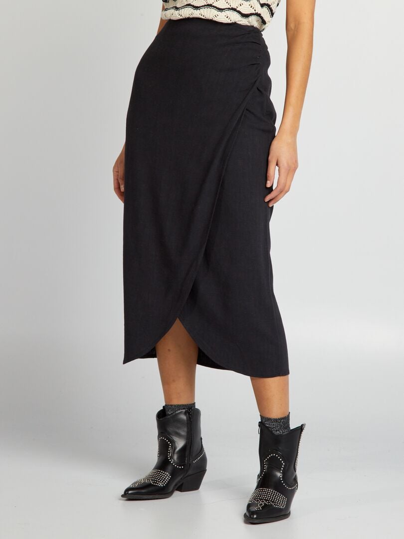 Halflange, linnen rok met overslag - zwart - Kiabi - 22.00€