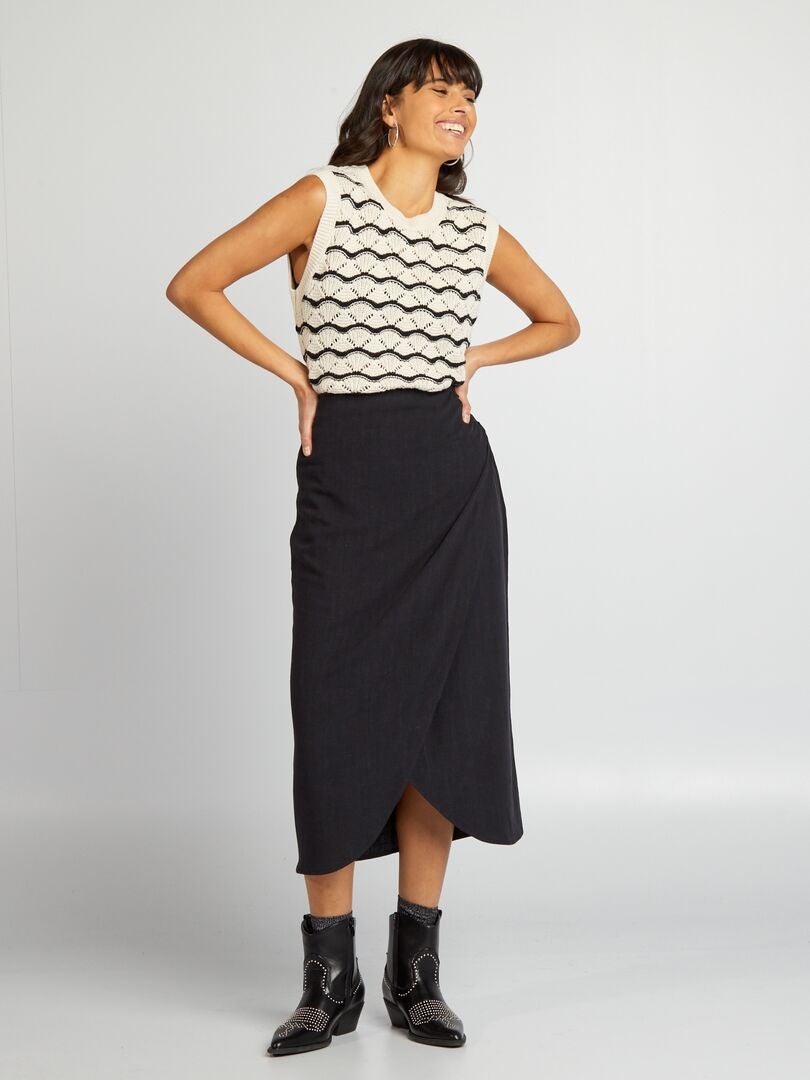 Halflange, linnen rok met overslag - zwart - Kiabi - 22.00€