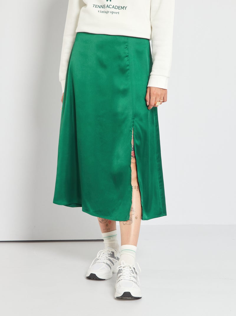 Lange rok met satijnglans en split - GROEN - Kiabi - 18.00€