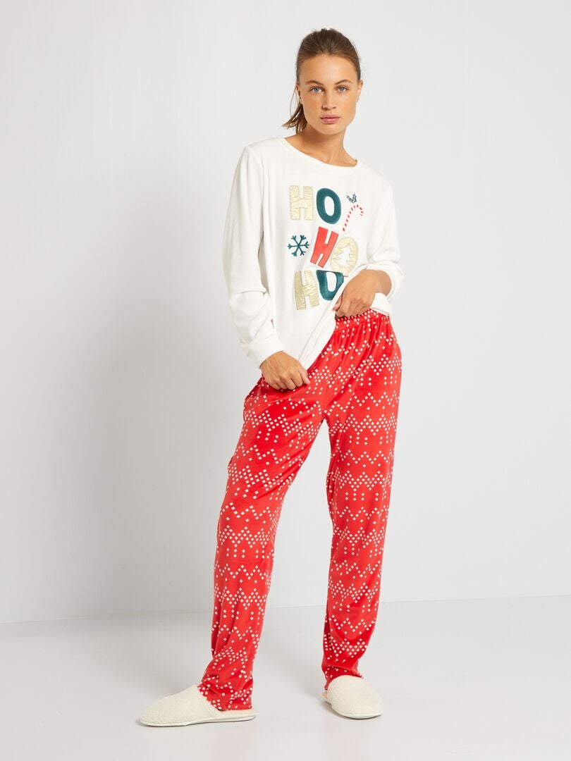 Tweedelige pyjama van velours met kerstprint - rood / ecru - Kiabi - 25.00€